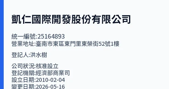 凱仁國際開發股份有限公司的照片-統編 25164893(臺南市) 公司登記資料與營業項目詳細圖表