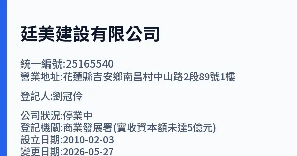 廷美建設有限公司的照片-統編 25165540(花蓮縣) 公司登記資料與營業項目詳細圖表