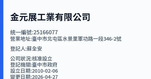 金元展工業有限公司的照片-統編 25166077(臺中市) 公司登記資料與營業項目詳細圖表
