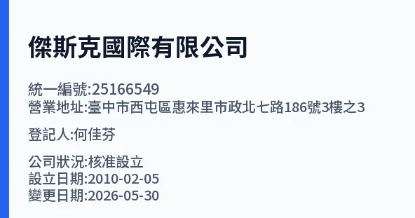 傑斯克國際有限公司的照片-統編 25166549(臺中市) 公司登記資料與營業項目詳細圖表