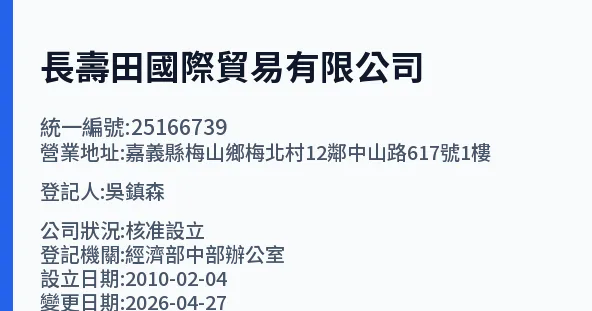 長壽田國際貿易有限公司的照片-統編 25166739(嘉義縣) 公司登記資料與營業項目詳細圖表