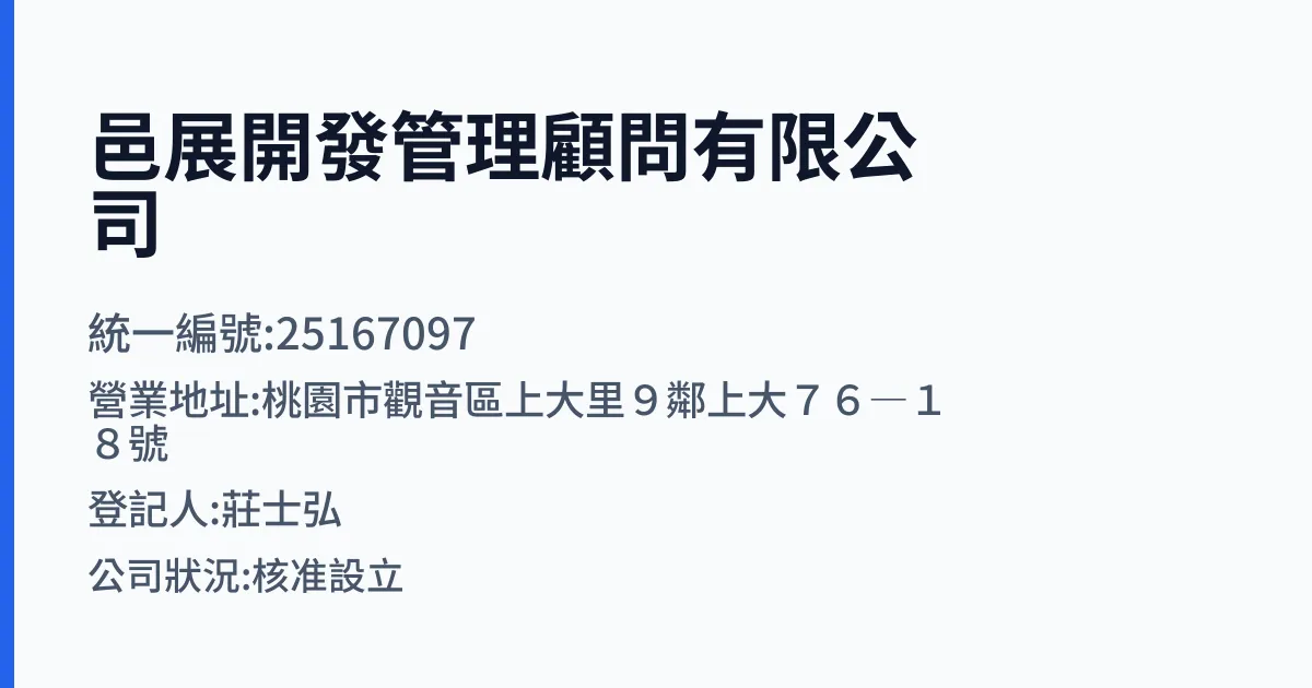 邑展開發管理顧問有限公司 - 統編 25167097(桃園市) 公司登記資料與營業項目詳細圖表