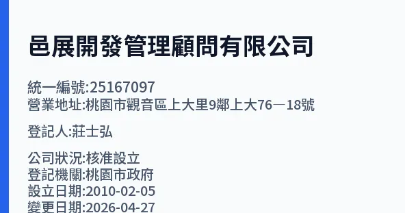 邑展開發管理顧問有限公司的照片-統編 25167097(桃園市) 公司登記資料與營業項目詳細圖表