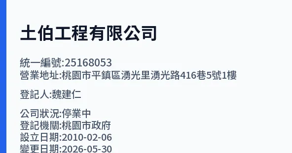 土伯工程有限公司的照片-統編 25168053(桃園市) 公司登記資料與營業項目詳細圖表