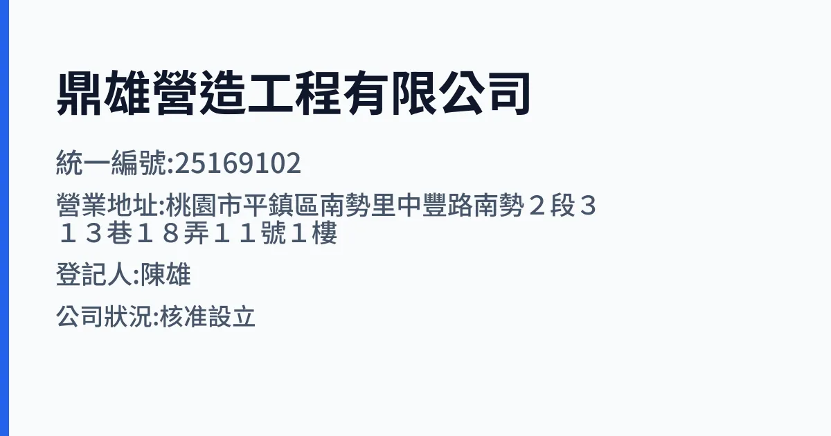 鼎雄營造工程有限公司 - 統編 25169102(桃園市) 公司登記資料與營業項目詳細圖表