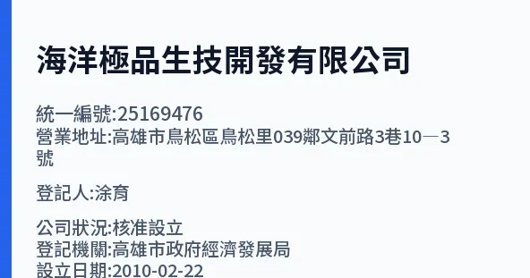 海洋極品生技開發有限公司的照片-統編 25169476(高雄市) 公司登記資料與營業項目詳細圖表