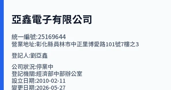 亞鑫電子有限公司的照片-統編 25169644(彰化縣) 公司登記資料與營業項目詳細圖表