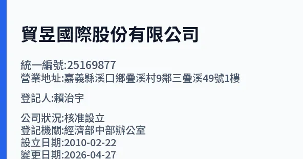 貿昱國際股份有限公司的照片-統編 25169877(嘉義縣) 公司登記資料與營業項目詳細圖表