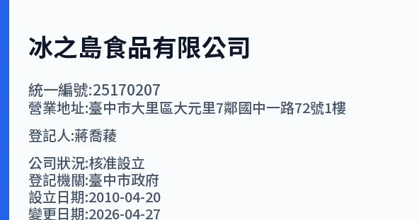 冰之島食品有限公司的照片-統編 25170207(臺中市) 公司登記資料與營業項目詳細圖表