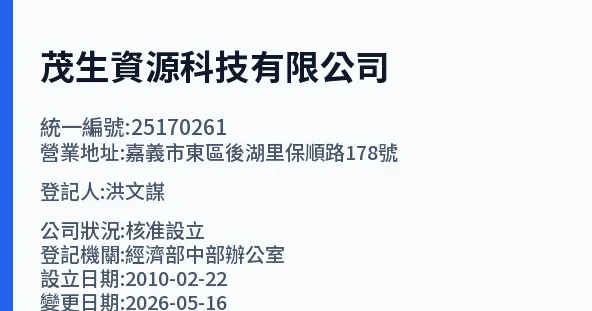 茂生資源科技有限公司的照片-統編 25170261(嘉義市) 公司登記資料與營業項目詳細圖表
