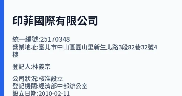 印菲國際有限公司的照片-統編 25170348(臺北市) 公司登記資料與營業項目詳細圖表