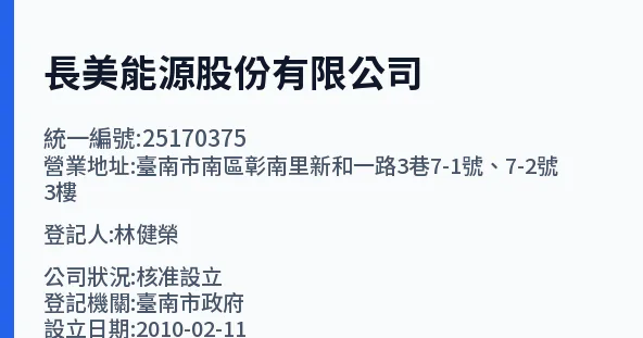 長美能源股份有限公司的照片-統編 25170375(臺南市) 公司登記資料與營業項目詳細圖表