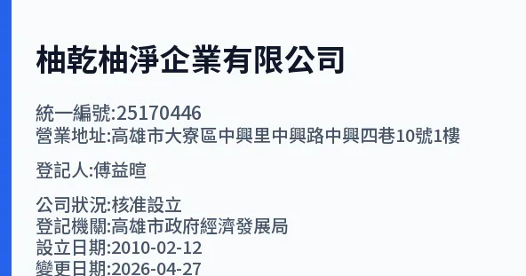 柚乾柚淨企業有限公司的照片-統編 25170446(高雄市) 公司登記資料與營業項目詳細圖表