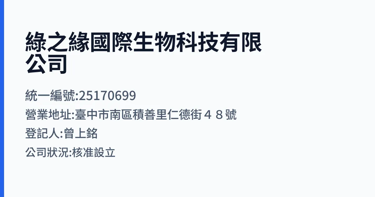 綠之緣國際生物科技有限公司 - 統編 25170699(臺中市) 公司登記資料與營業項目詳細圖表