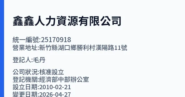 鑫鑫人力資源有限公司的照片-統編 25170918(新竹縣) 公司登記資料與營業項目詳細圖表