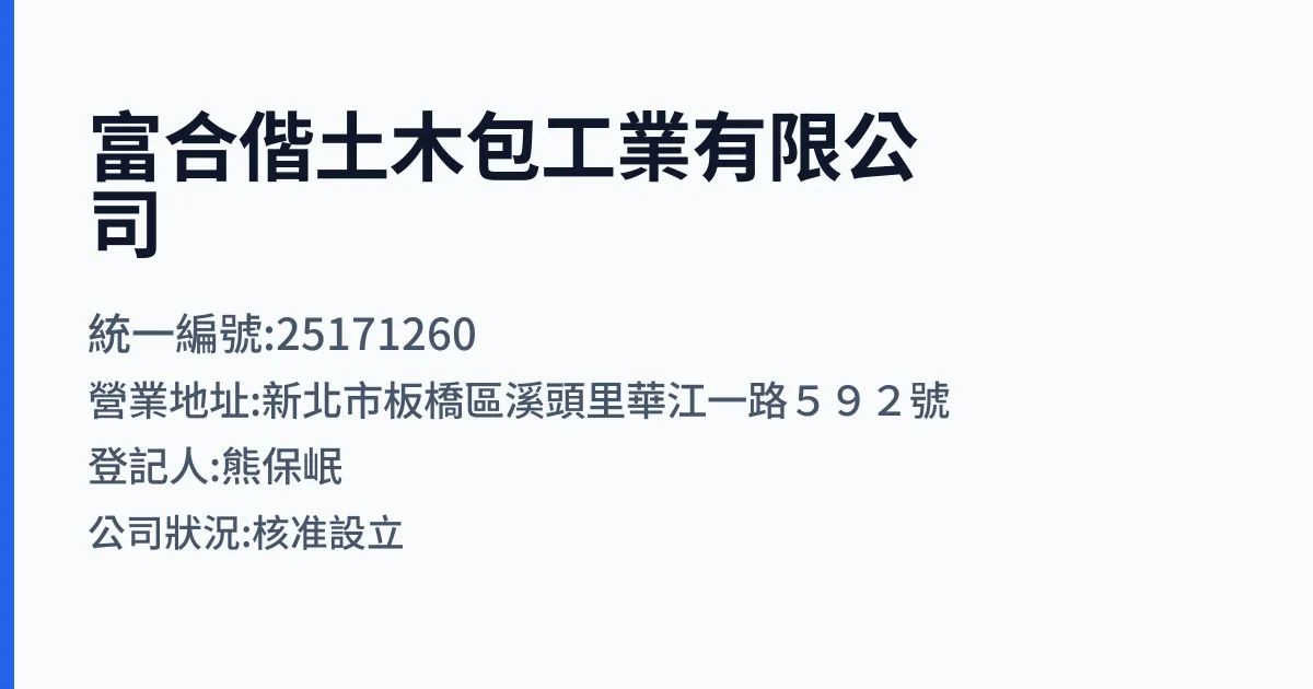 富合偕土木包工業有限公司 - 統編 25171260(新北市) 公司登記資料與營業項目詳細圖表