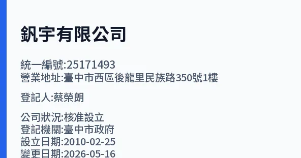 釩宇有限公司的照片-統編 25171493(臺中市) 公司登記資料與營業項目詳細圖表