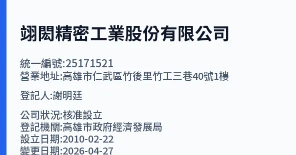 翊閎精密工業股份有限公司的照片-統編 25171521(高雄市) 公司登記資料與營業項目詳細圖表