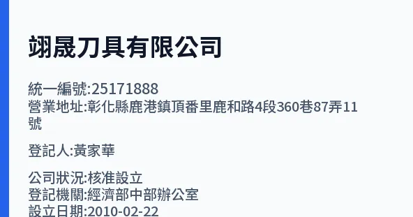 翊晟刀具有限公司的照片-統編 25171888(彰化縣) 公司登記資料與營業項目詳細圖表