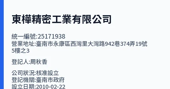 東樺精密工業有限公司的照片-統編 25171938(臺南市) 公司登記資料與營業項目詳細圖表