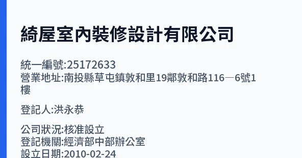 綺屋室內裝修設計有限公司的照片-統編 25172633(南投縣) 公司登記資料與營業項目詳細圖表