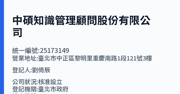 中碩知識管理顧問股份有限公司的照片-統編 25173149(臺北市) 公司登記資料與營業項目詳細圖表