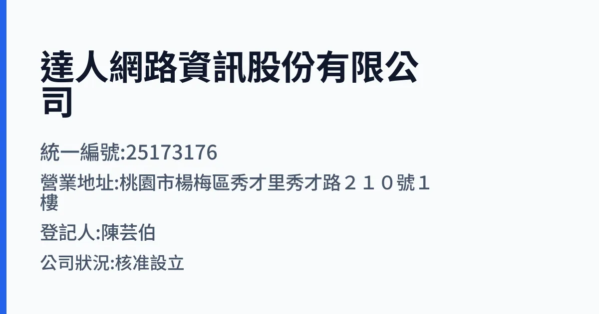 達人網路資訊股份有限公司 - 統編 25173176(桃園市) 公司登記資料與營業項目詳細圖表