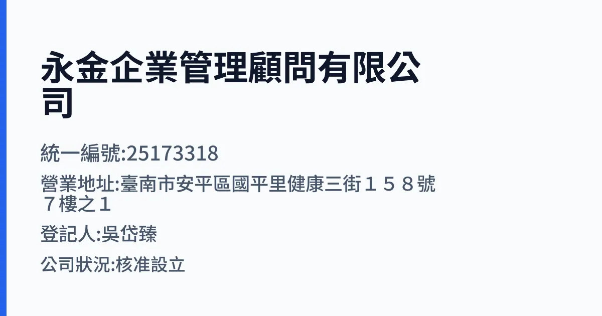 永金企業管理顧問有限公司 - 統編 25173318(臺南市) 公司登記資料與營業項目詳細圖表