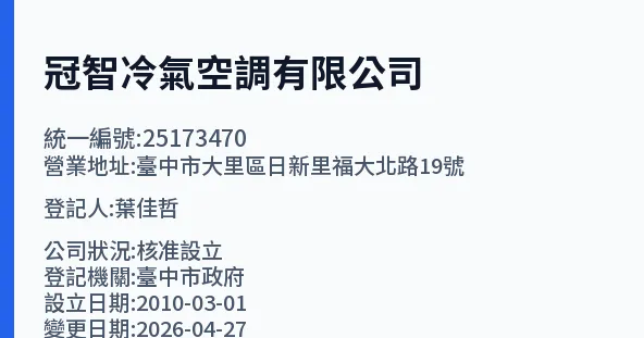 冠智冷氣空調有限公司的照片-統編 25173470(臺中市) 公司登記資料與營業項目詳細圖表