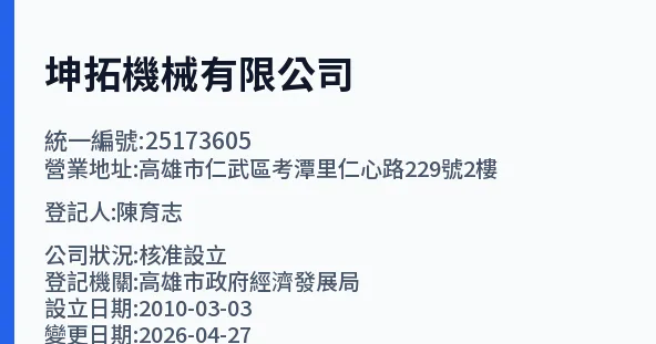 坤拓機械有限公司的照片-統編 25173605(高雄市) 公司登記資料與營業項目詳細圖表