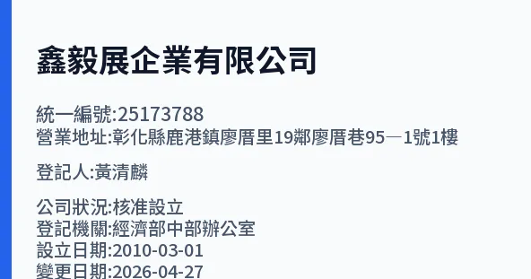 鑫毅展企業有限公司的照片-統編 25173788(彰化縣) 公司登記資料與營業項目詳細圖表