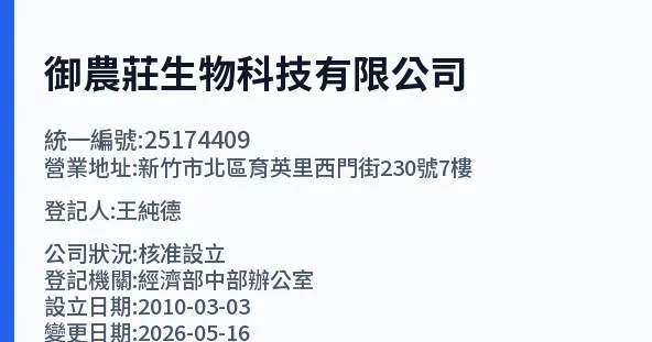 御農莊生物科技有限公司的照片-統編 25174409(新竹市) 公司登記資料與營業項目詳細圖表