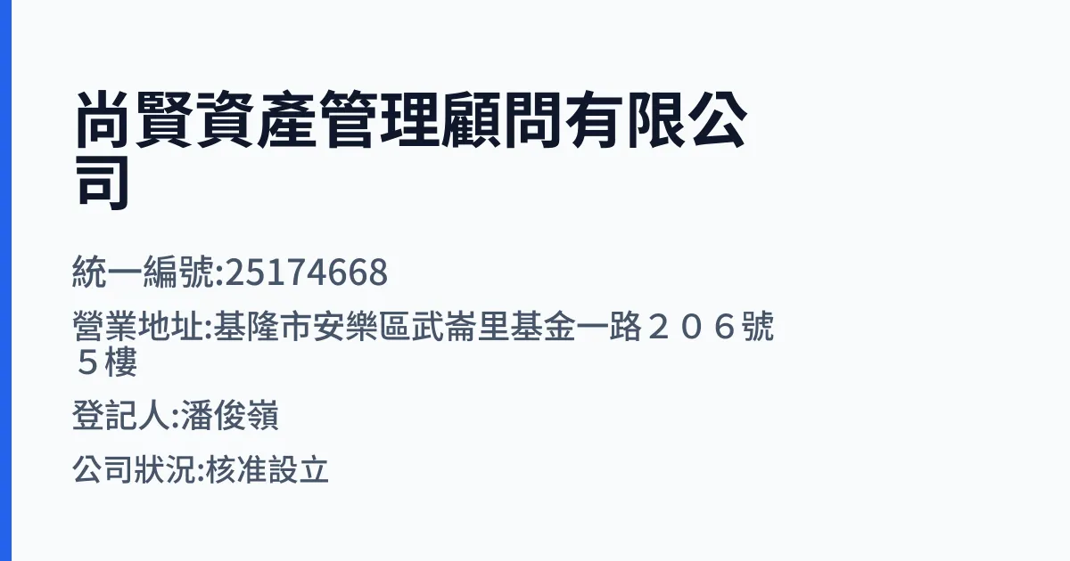 尚賢資產管理顧問有限公司 - 統編 25174668(基隆市) 公司登記資料與營業項目詳細圖表