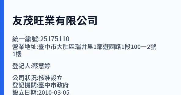 友茂旺業有限公司的照片-統編 25175110(臺中市) 公司登記資料與營業項目詳細圖表