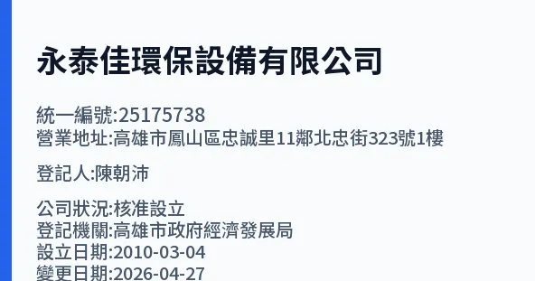 永泰佳環保設備有限公司的照片-統編 25175738(高雄市) 公司登記資料與營業項目詳細圖表