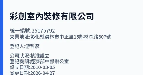 彩創室內裝修有限公司的照片-統編 25175792(彰化縣) 公司登記資料與營業項目詳細圖表