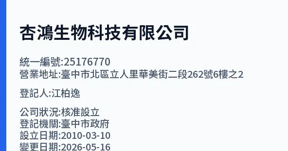 杏鴻生物科技有限公司的照片-統編 25176770(臺中市) 公司登記資料與營業項目詳細圖表