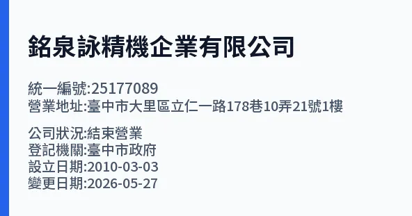 銘泉詠精機企業有限公司的照片-統編 25177089(臺中市) 公司登記資料與營業項目詳細圖表