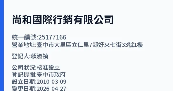 尚和國際行銷有限公司的照片-統編 25177166(臺中市) 公司登記資料與營業項目詳細圖表