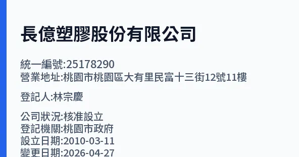 長億塑膠股份有限公司的照片-統編 25178290(桃園市) 公司登記資料與營業項目詳細圖表
