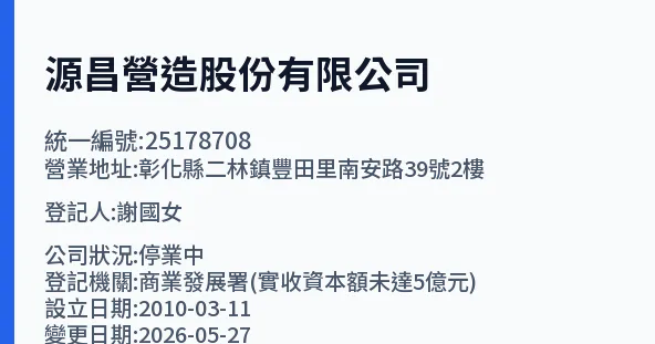 源昌營造股份有限公司的照片-統編 25178708(彰化縣) 公司登記資料與營業項目詳細圖表