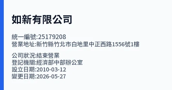 如新有限公司的照片-統編 25179208(新竹縣) 公司登記資料與營業項目詳細圖表
