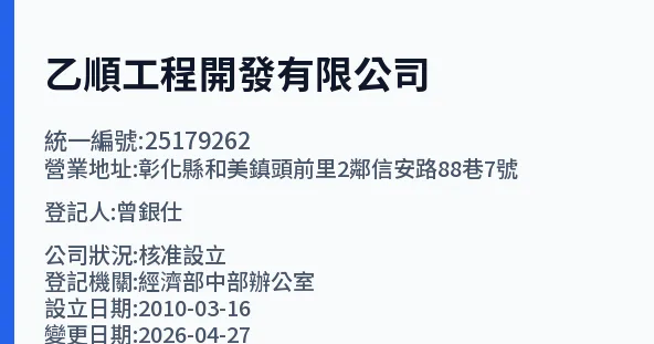 乙順工程開發有限公司的照片-統編 25179262(彰化縣) 公司登記資料與營業項目詳細圖表