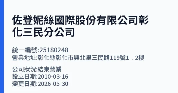 佐登妮絲國際股份有限公司彰化三民分公司的照片-統編 25180248(彰化縣) 公司登記資料與營業項目詳細圖表