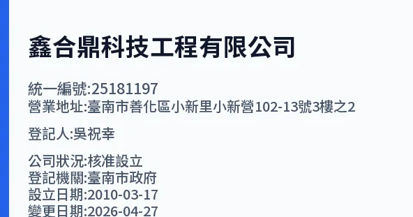 鑫合鼎科技工程有限公司的照片-統編 25181197(臺南市) 公司登記資料與營業項目詳細圖表