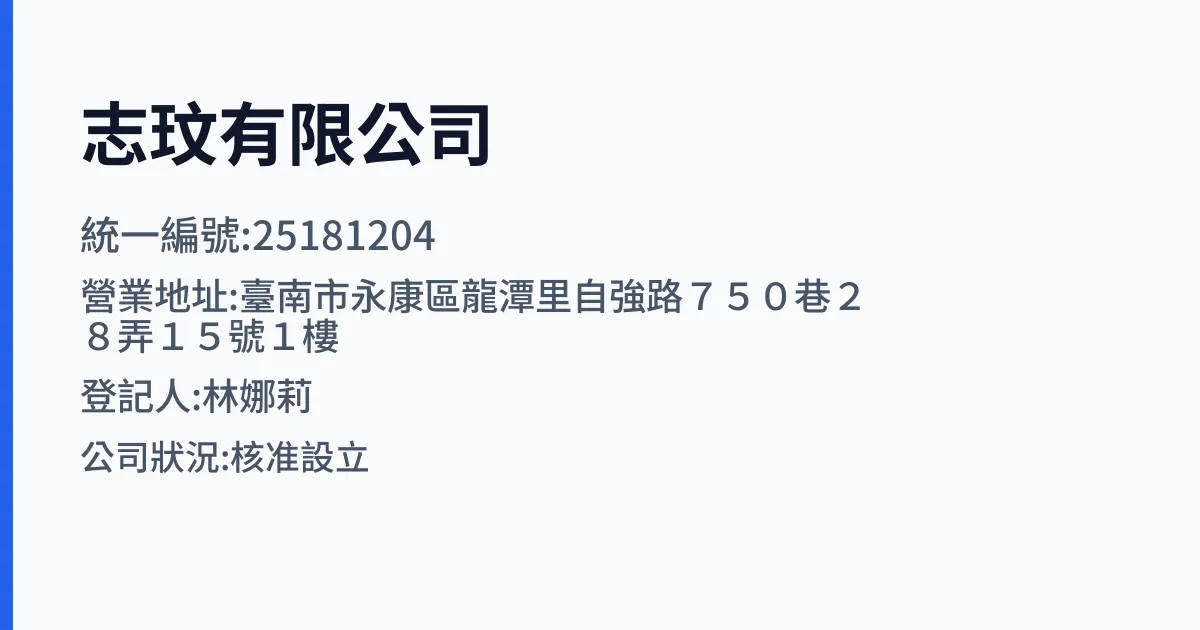 志玟有限公司 - 統編 25181204(臺南市) 公司登記資料與營業項目詳細圖表