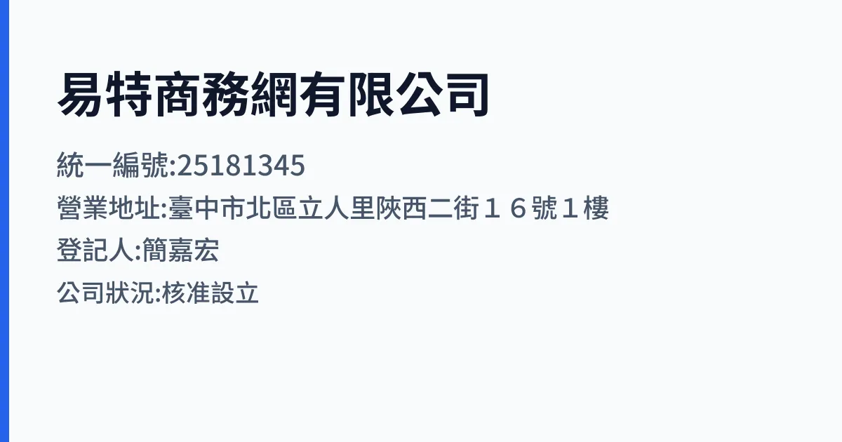 易特商務網有限公司 - 統編 25181345(臺中市) 公司登記資料與營業項目詳細圖表