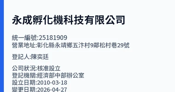 永成孵化機科技有限公司的照片-統編 25181909(彰化縣) 公司登記資料與營業項目詳細圖表