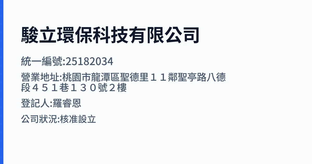 駿立環保科技有限公司 - 統編 25182034(桃園市) 公司登記資料與營業項目詳細圖表