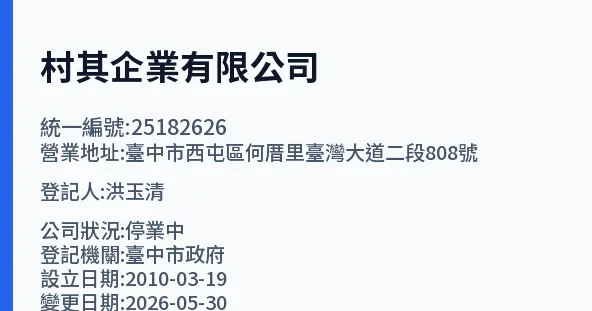 村其企業有限公司的照片-統編 25182626(臺中市) 公司登記資料與營業項目詳細圖表